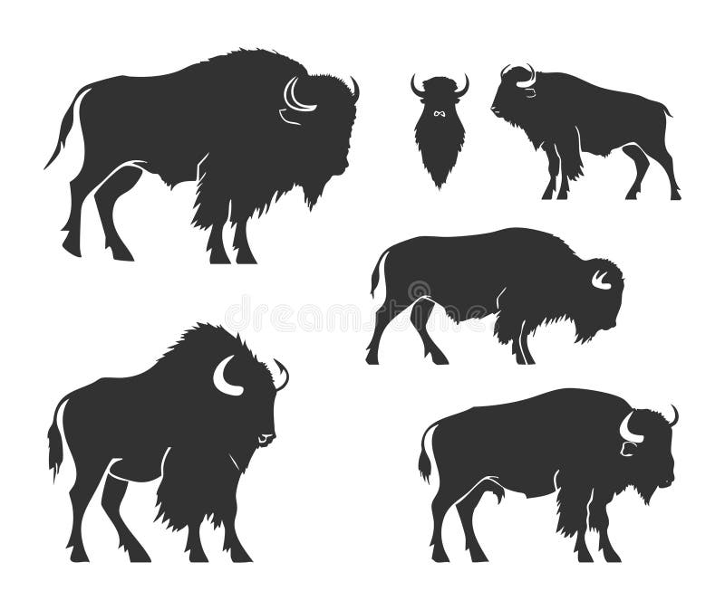 Ilustraciones De Silueta De Bisonte En Diferentes Poses. Ilustración ...