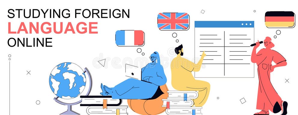 Studying Foreign Language Online Concept in Flat Cartoon Design for Web Banner. People Learning ...