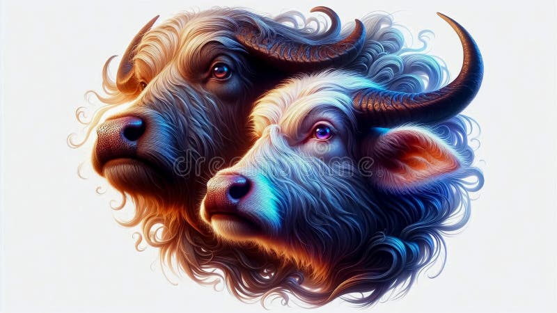 Two Stylized Bull Heads are Portrayed with Detailed, Swirling Fur in ...