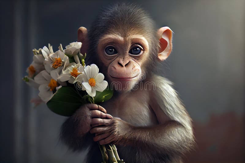 Ilustration, a Cute Monkey Boy with a Bouquet of Flowers in His Hands ...