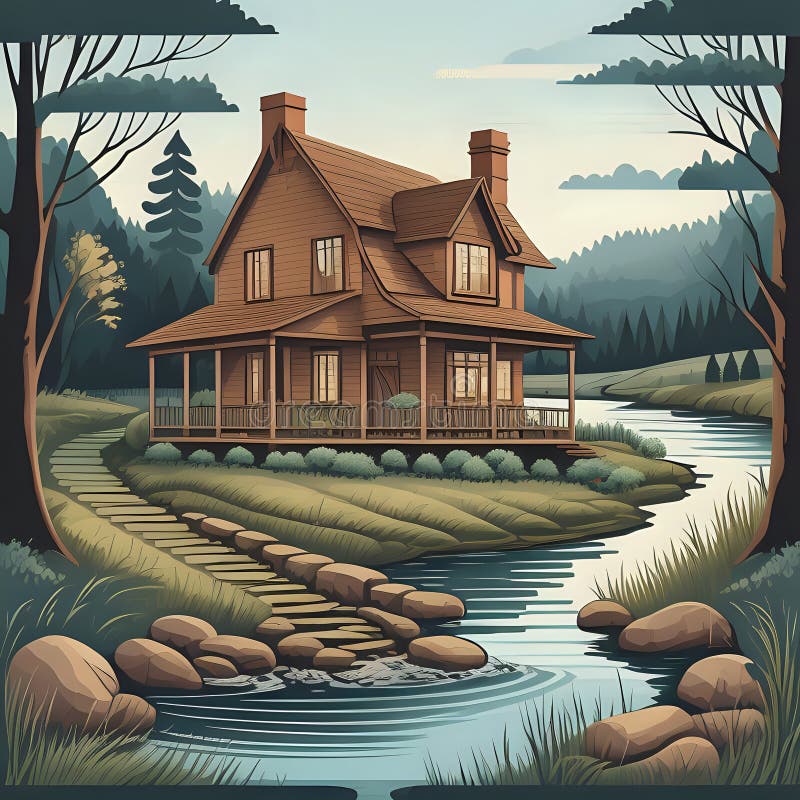 Ilustration of House and River Outdoor Scene - Generated by Ai Stock ...