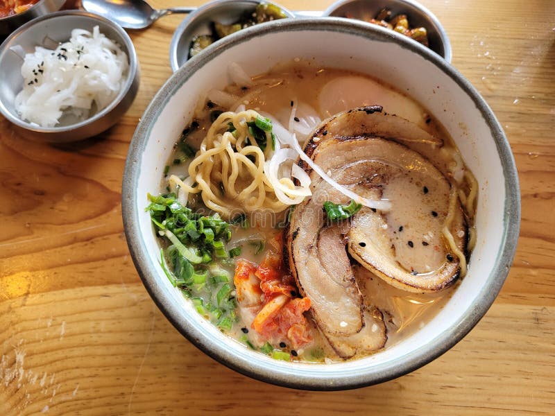Image from Above of a Plate of Korean Ramen on a Wooden Table Stock ...