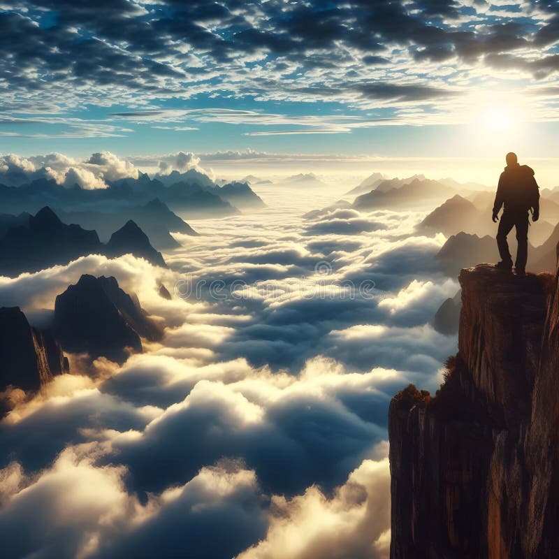 Image of an Adventurer Stands on a Tall and Rugged Cliff Looking Down ...