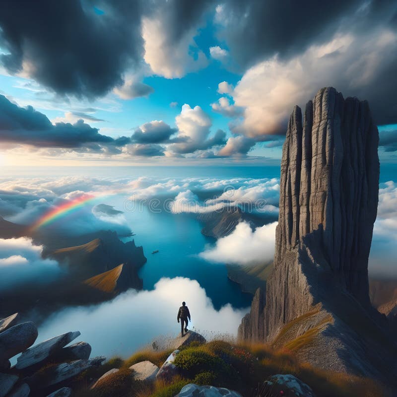 Image of an Adventurer Stands on a Tall and Rugged Cliff Looking Down ...