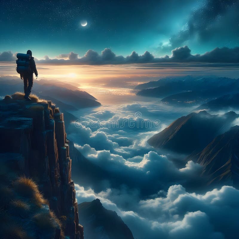 Image of an Adventurer Stands on a Tall and Rugged Cliff Looking Down Over a Sea Made of Cloudy ...