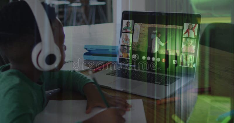 Image of African American Schoolboy on Laptop Online Learning Over ...