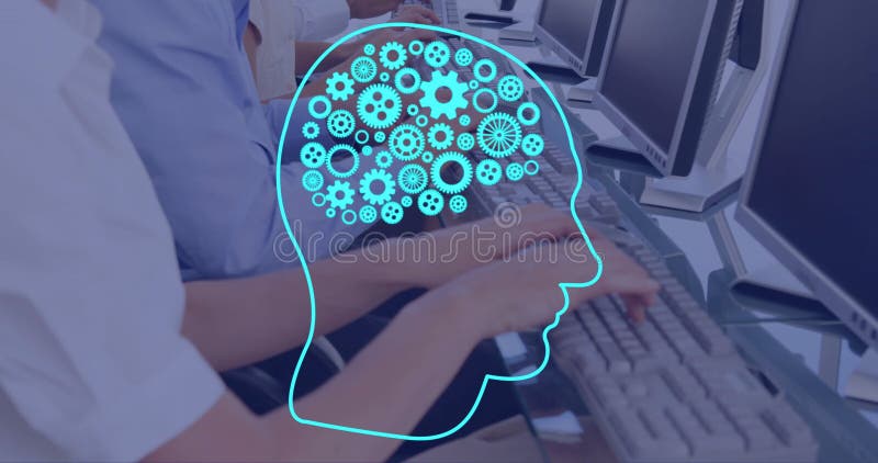 Image of Ai Brain with Cogs Over Diverse People Using Computers Stock ...
