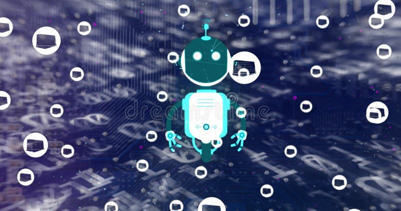 Image Of Ai Chat Bot And Icons Over Binary Coding Background Stock