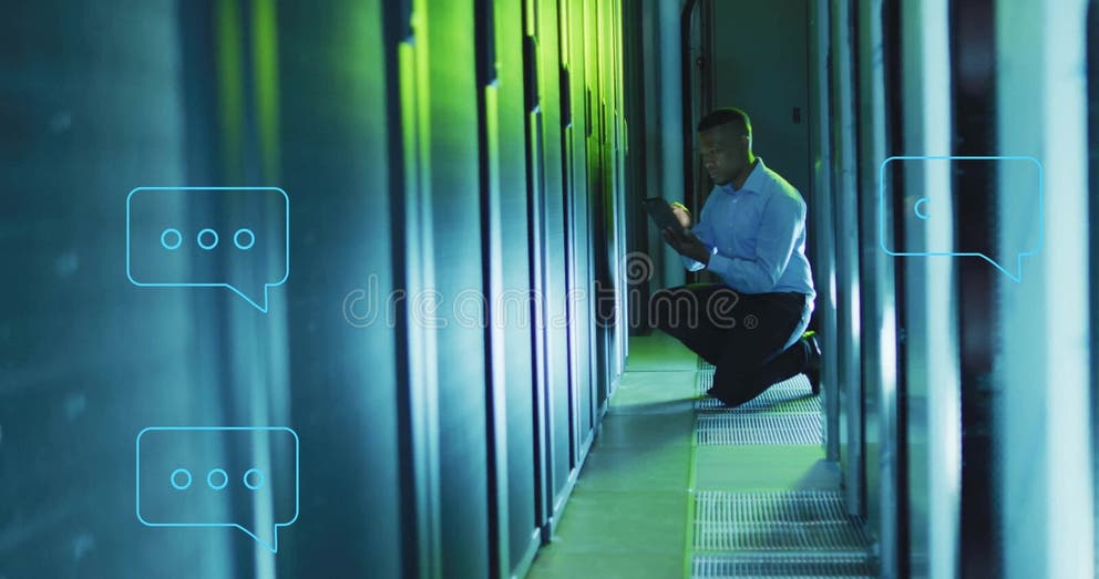 Image of Ai Chat Dialogue Over African American Technician Using Tablet ...