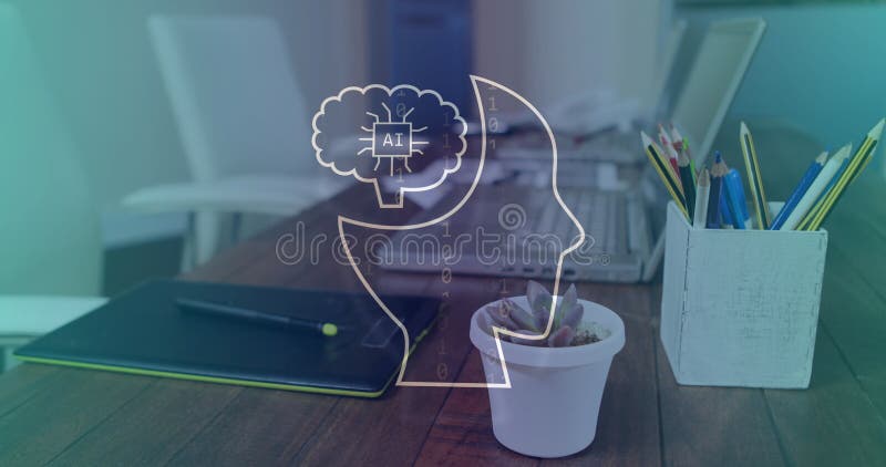 Image of Ai Data Processing and Icons Over Computer on Desk Stock Photo ...