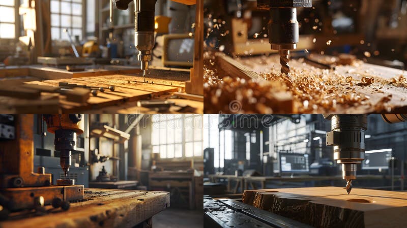 A Close-up View of a Drill Machine Working on a Wooden Plank Stock ...