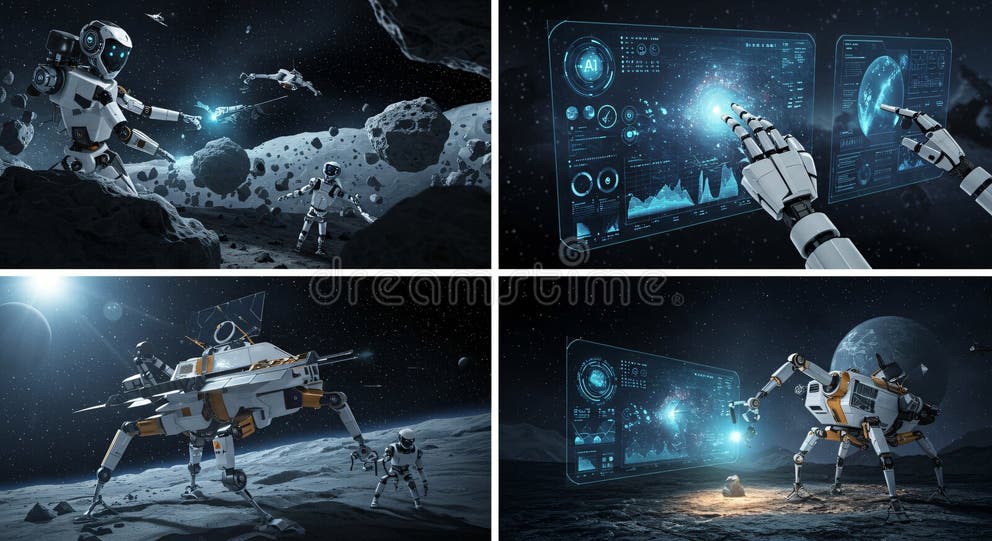 Space Exploration with Help of AI Robots Stock Illustration ...