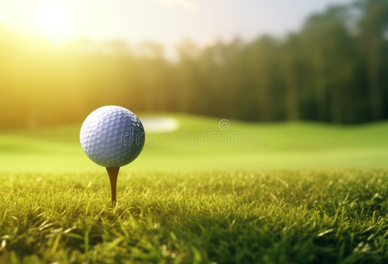 Golf Ball on Tee on a Blurred Golf Course Field Background Stock ...