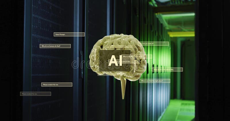 Image of Ai Text, Brain and Data Processing Over Computer Servers Stock ...