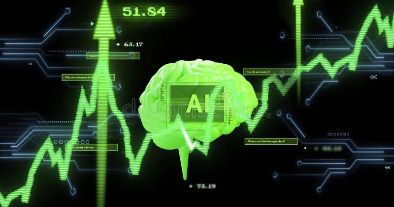 Image of Ai Text, Brain and Digital Data Processing Over Black ...