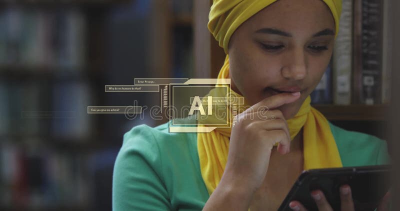 Image of Ai Text and Data Over Biracial Female Student in Hijab with ...