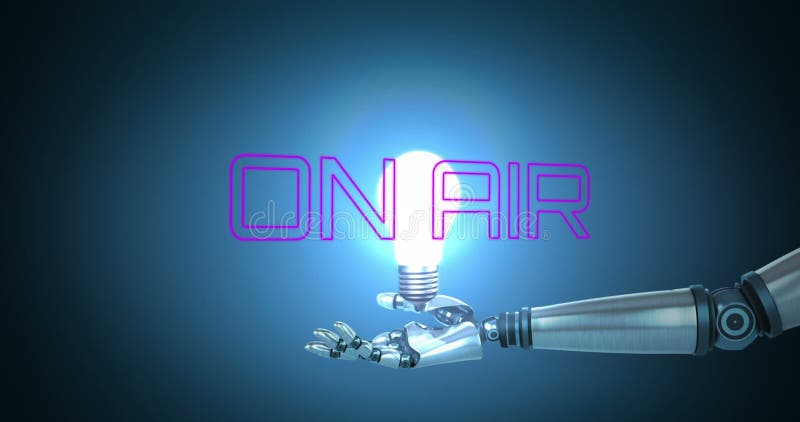 Image of on Air Text Over Robotic Hand Holding Light Bulb on Black ...