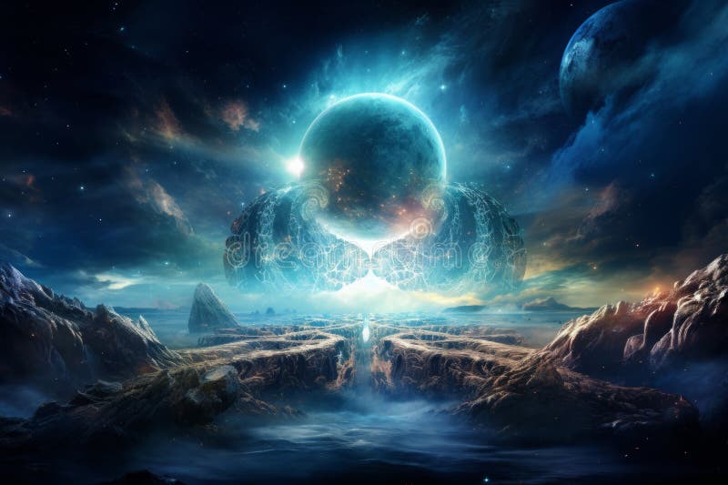 An Image of an Alien Planet with a Giant Sphere in the Sky Stock ...