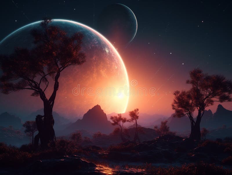 Image of an Alien World with Multiple Suns or Moons in the Sky Stock ...
