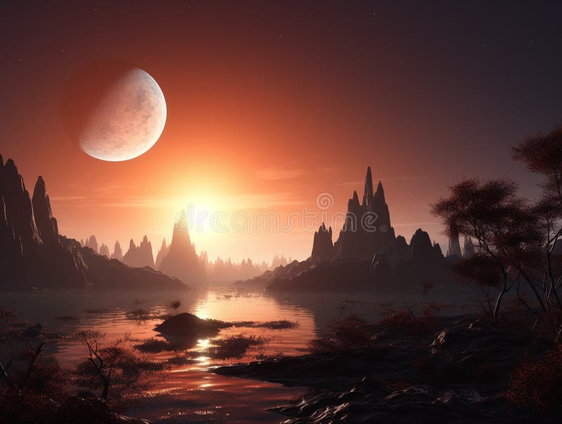Image of an Alien World with Multiple Suns or Moons in the Sky Stock ...