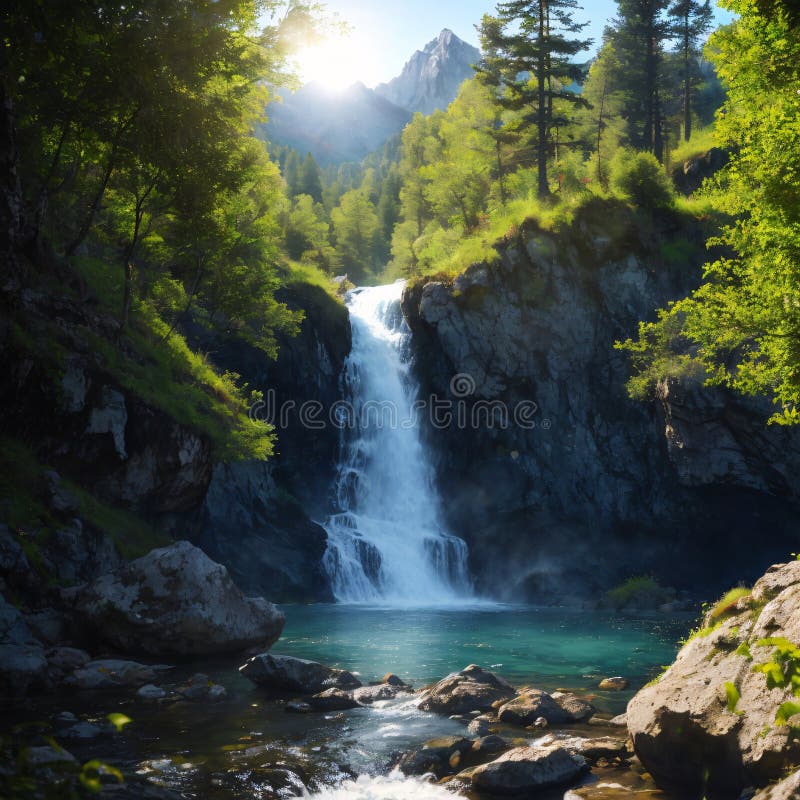 Alpine Waterfall in Mountain Forest Under Blue Sky. Made with ...