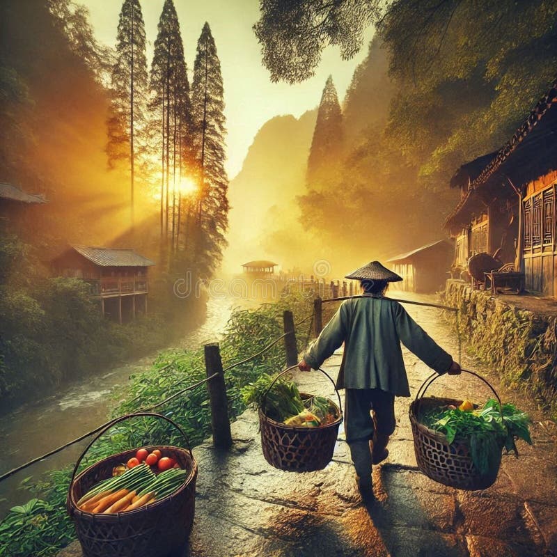 Image of an Ancient Chinese Trader Carrying Baskets of Vegetables and ...