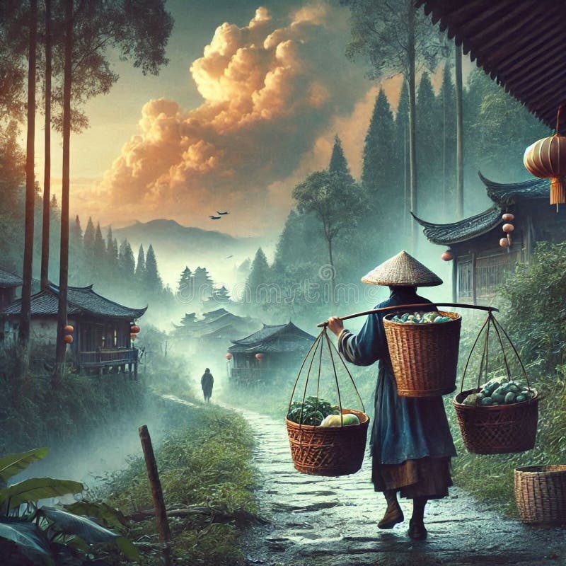 Image of an Ancient Chinese Trader Carrying Baskets of Vegetables and ...
