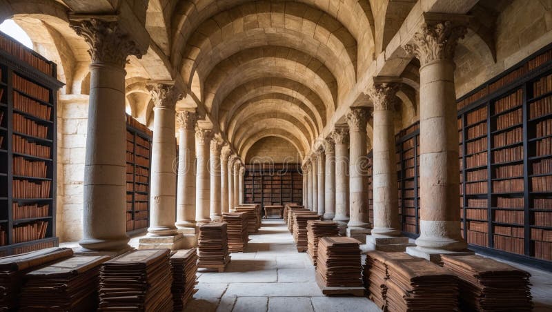 Image of an Ancient Library with Stone Pillars and Stacks of Scrolls ...