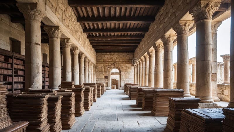 Image of an Ancient Library with Stone Pillars and Stacks of Scrolls ...