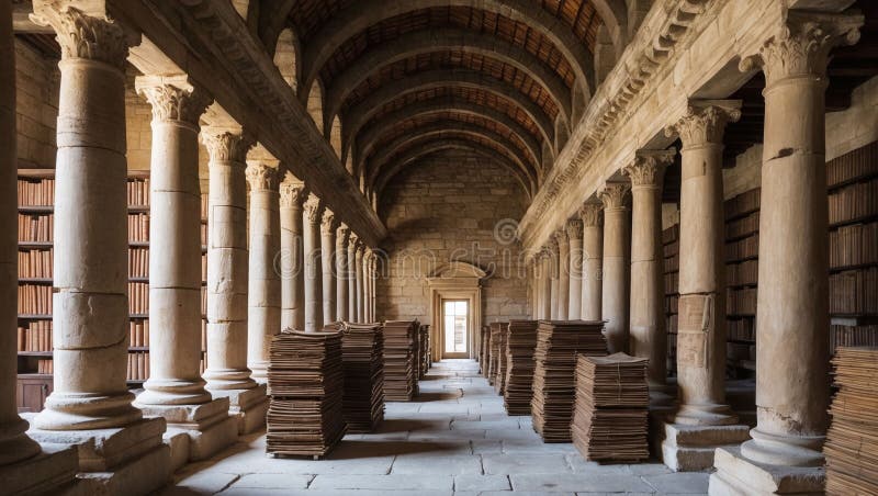 Image of an Ancient Library with Stone Pillars and Stacks of Scrolls ...