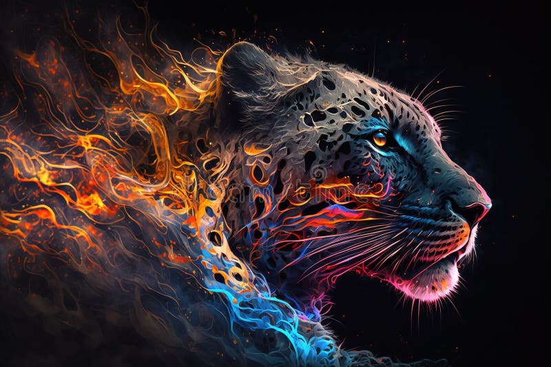 Image of an Angry Leopard Head with a Burning Fire on Black Background ...