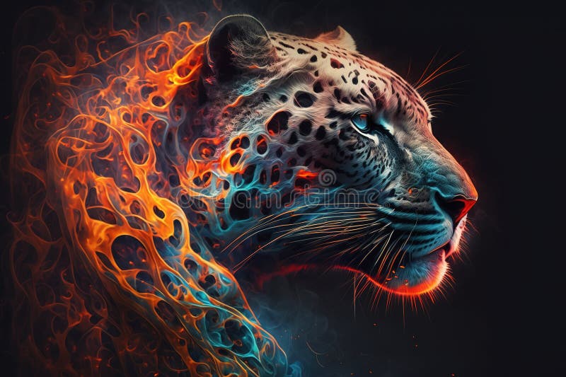 Image of an Angry Leopard Head with a Burning Fire on Black Background ...