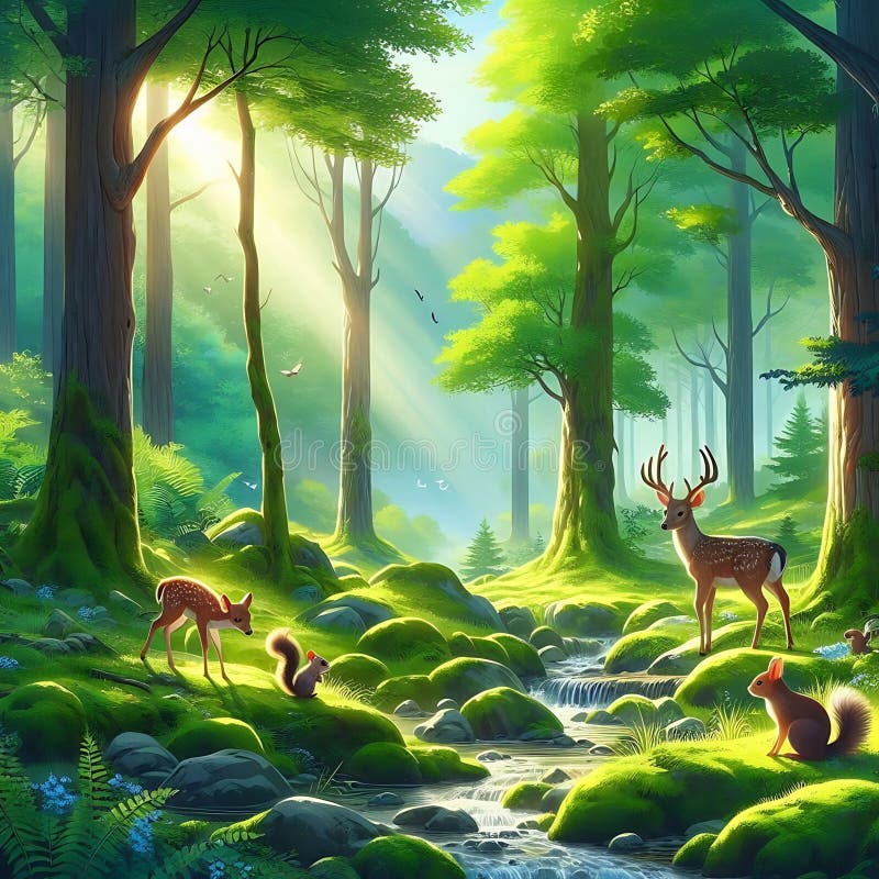 A Lively Forest Scene with Deer, Squirrels, and Other Animals in an ...