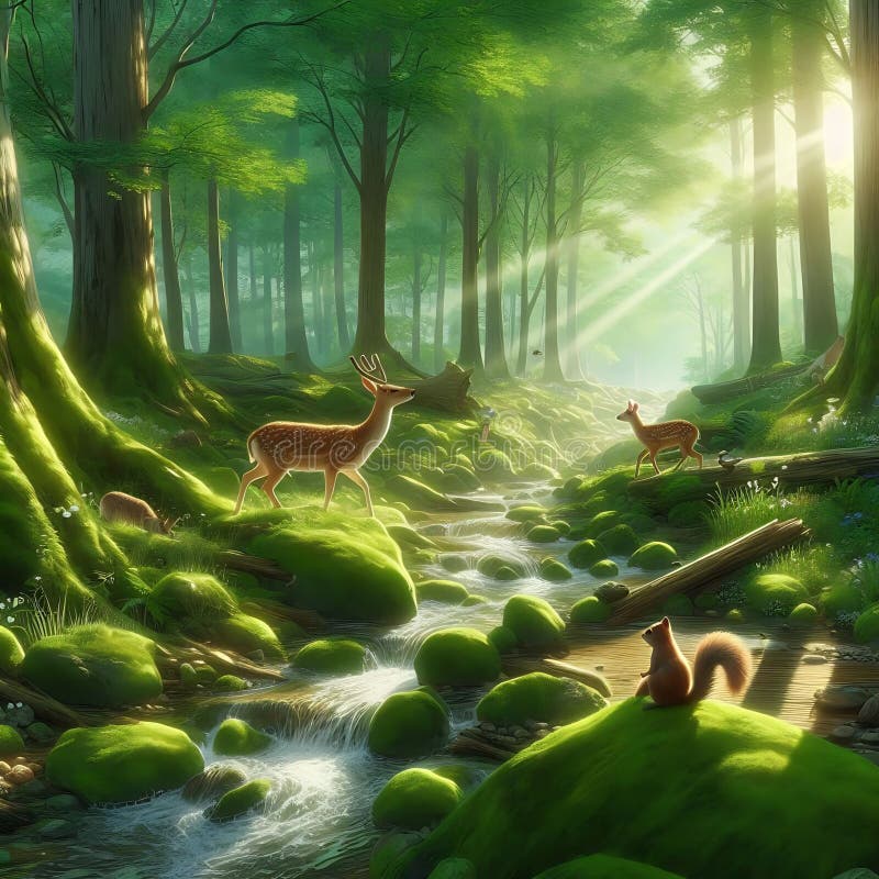 A Lively Forest Scene with Deer, Squirrels, and Other Animals in an Animated Setting Stock ...