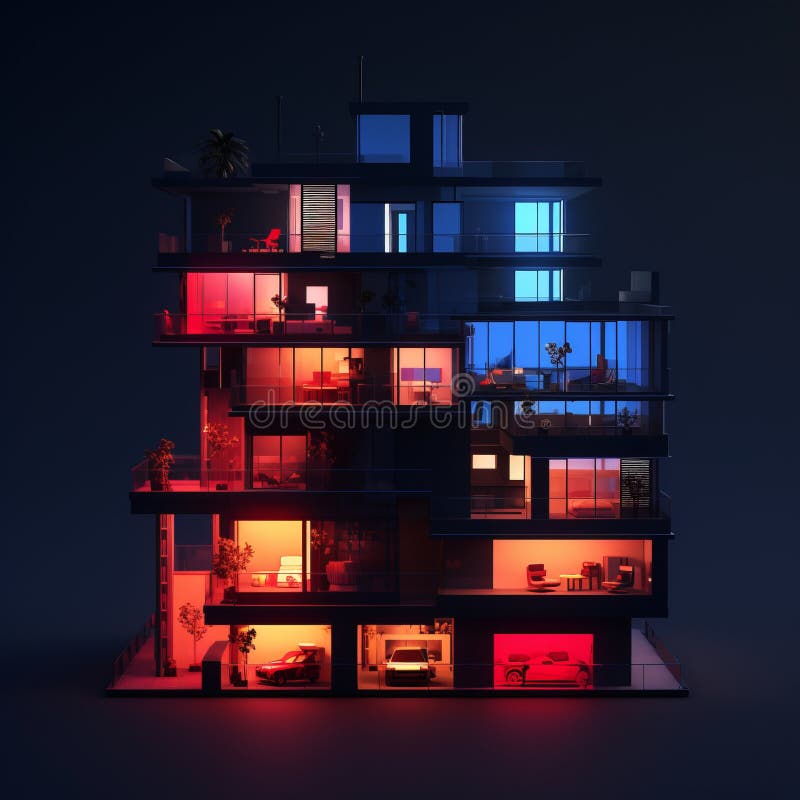 An Image of an Apartment Building Lit Up at Night Stock Illustration ...