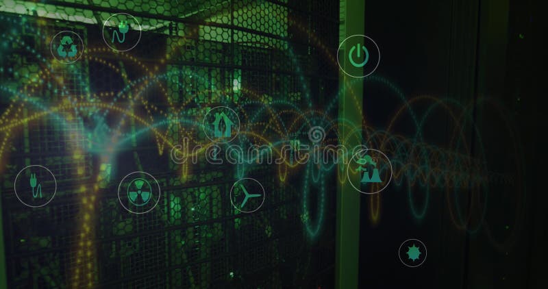 Image of Application Icons and Spiral Pattern Over Data Server Systems ...