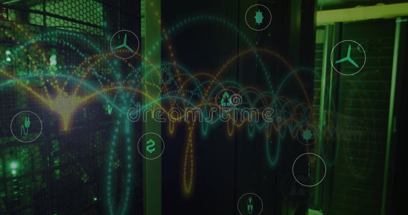Image of Application Icons and Spiral Pattern Over Data Server Systems ...