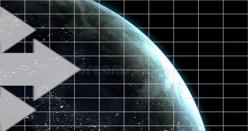 Image of Arrow on Grid Pattern and Rotating Globe Over Black Background ...