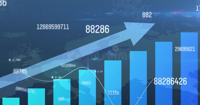 Image of Arrow, Increasing Numbers Over Bar Graph Against World Map ...
