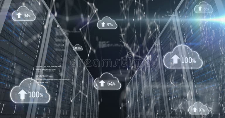 Image of Arrow, Numbers in Cloud, Connected Dots and Computer Language Over Data Server Racks ...