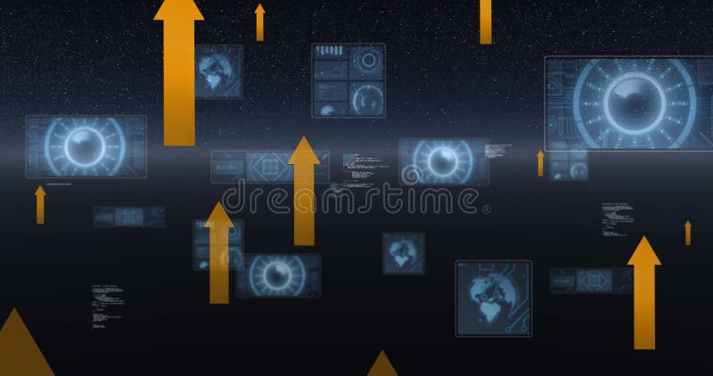 Image of Arrows and Diverse Data on Screens Moving in Black Space Stock ...