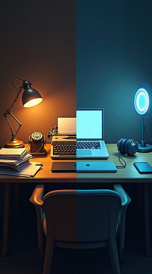 A Visual Contrast of Vintage and Modern Technology in Split View Stock ...