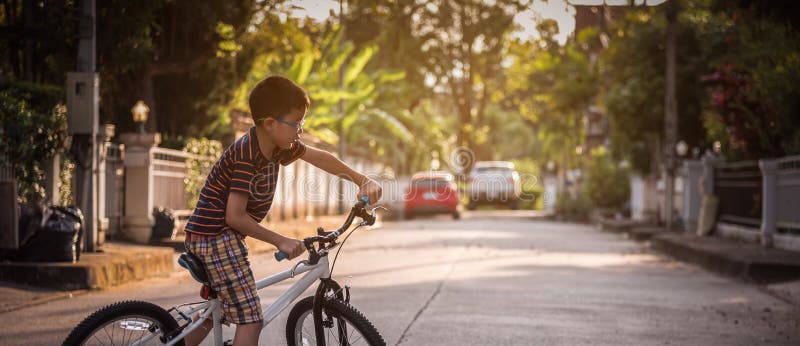 Asian Boys Practice Cycling Alone Stock Photo - Image of exercise ...
