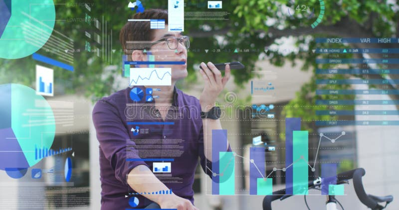 Image of Asian Businessman Talking on Smartphone Over Data Processing ...