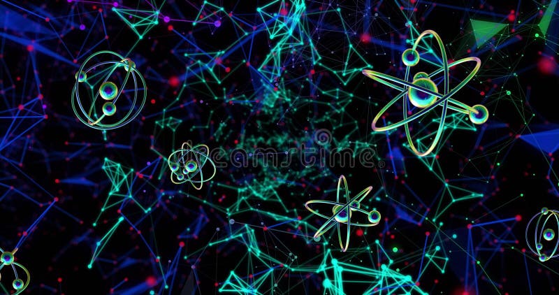 Image of Atom Models Spinning and Connections on Black Background Stock ...