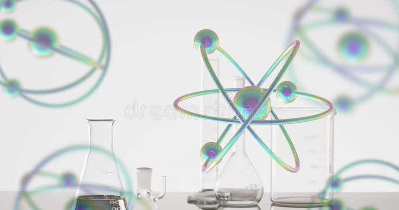 Image of Atoms Moving Over Laboratory Dishes on White Background Stock ...