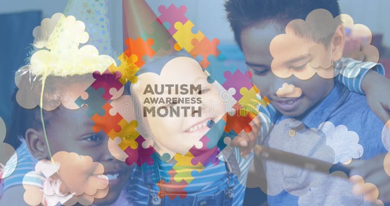 Image of Autism Awareness Month Text Frame Formed with Puzzles Over ...