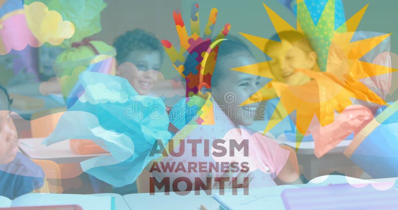 Image of Autism Awareness Month Text and Hand Formed with Puzzles Over ...