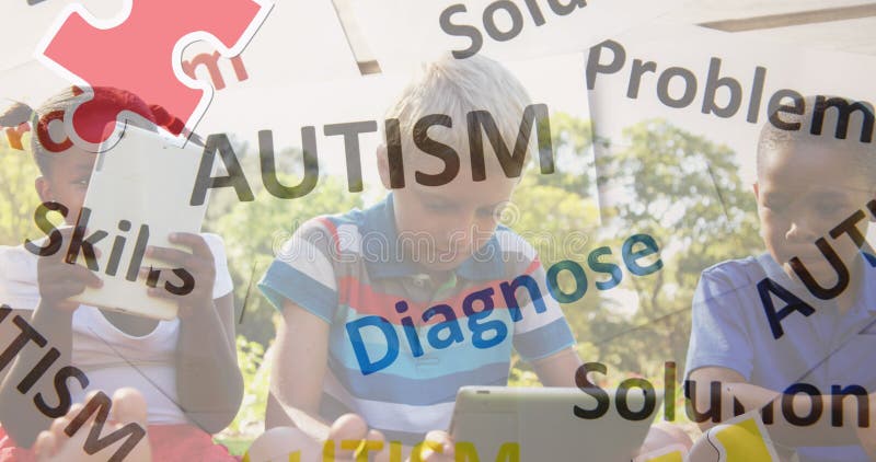 Image of Autism Awareness Text and Colorful Puzzle Pieces Over Happy ...