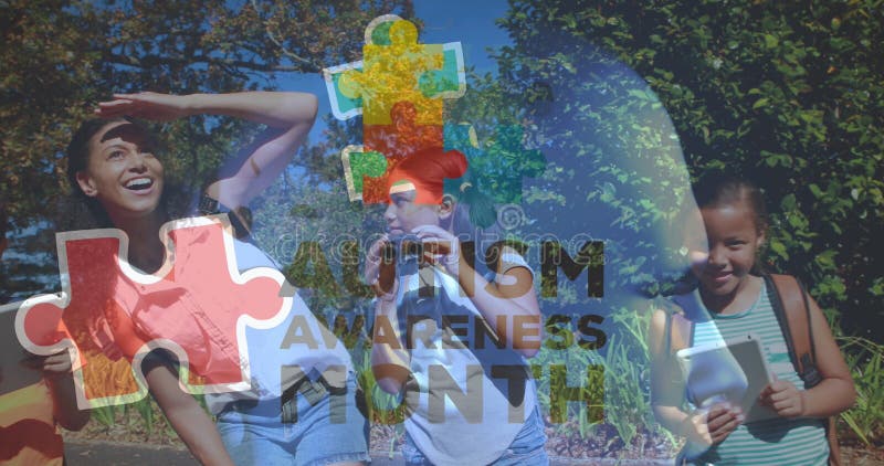 Image of Autism Awareness Text and Colorful Puzzle Pieces Over Happy ...